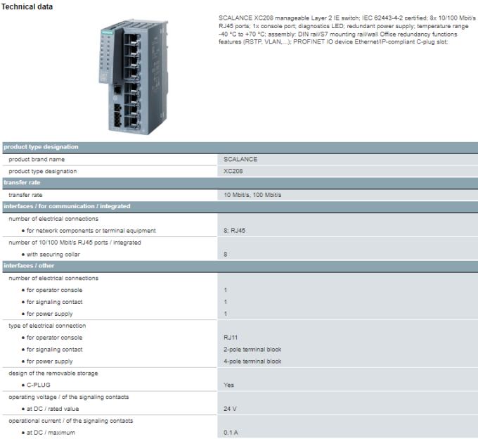 6GK5208-0BA00-2AC2 Siemens PLC SCALANCE XC208 2 IE Switches